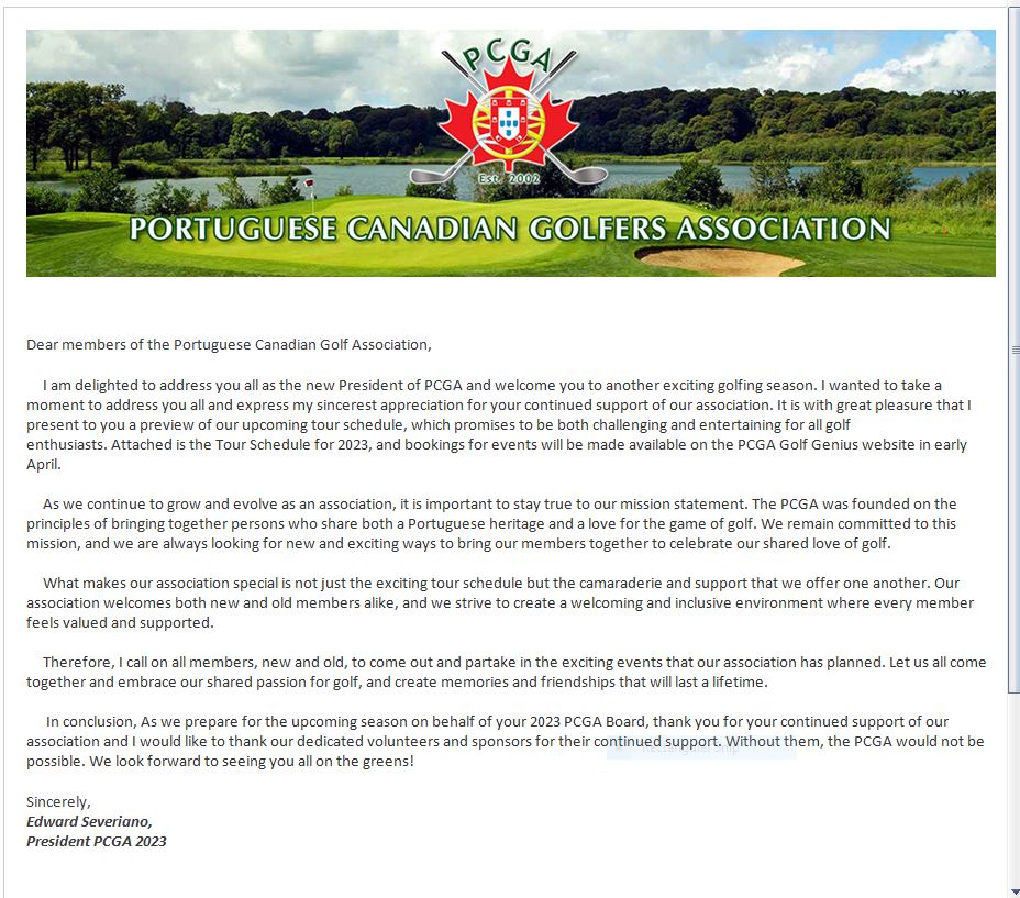 President Message - Portuguese Canadian Golfers Association